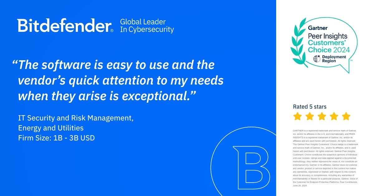 Bitdefender Recognized in the 2024 Gartner® Peer Insights™ Voice of the Customer for EPPs